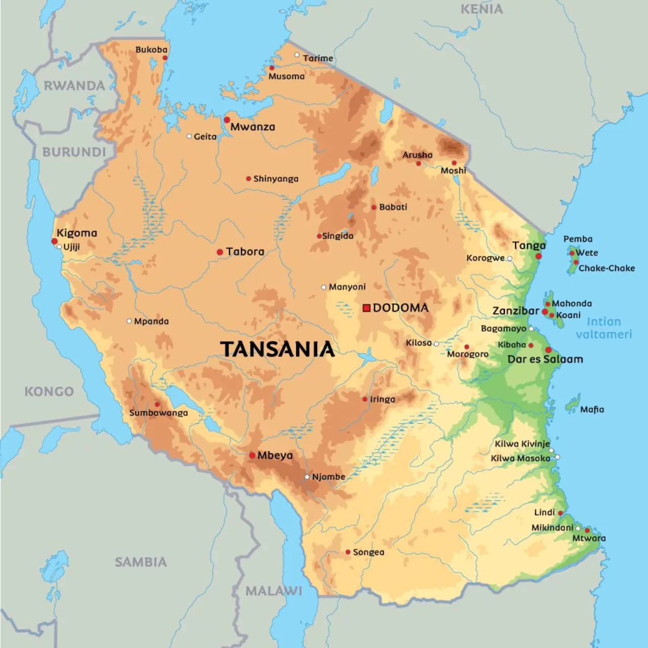 Kartta Tansania - Näet myös missä Kilimanjaro ja Seychellit sijaitsevat